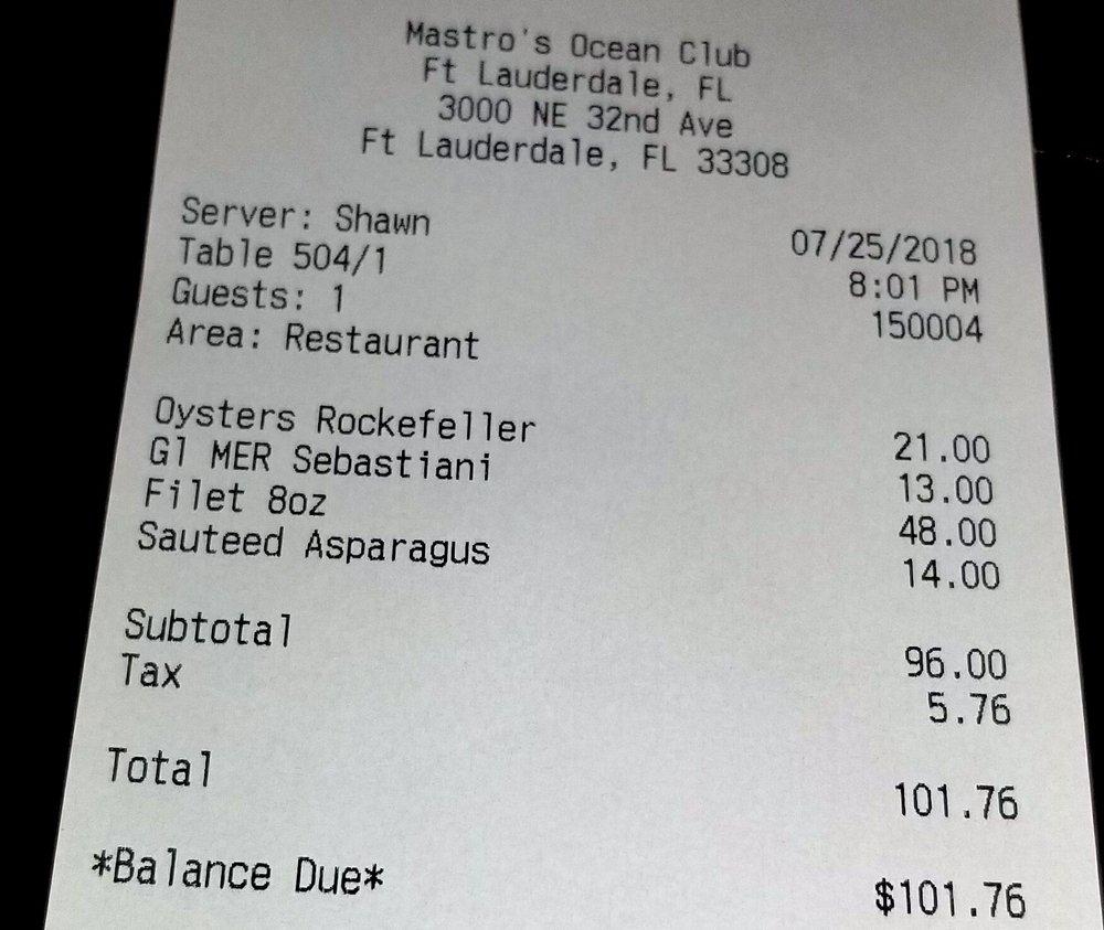 Menu at Mastro's Ocean Club, Fort Lauderdale