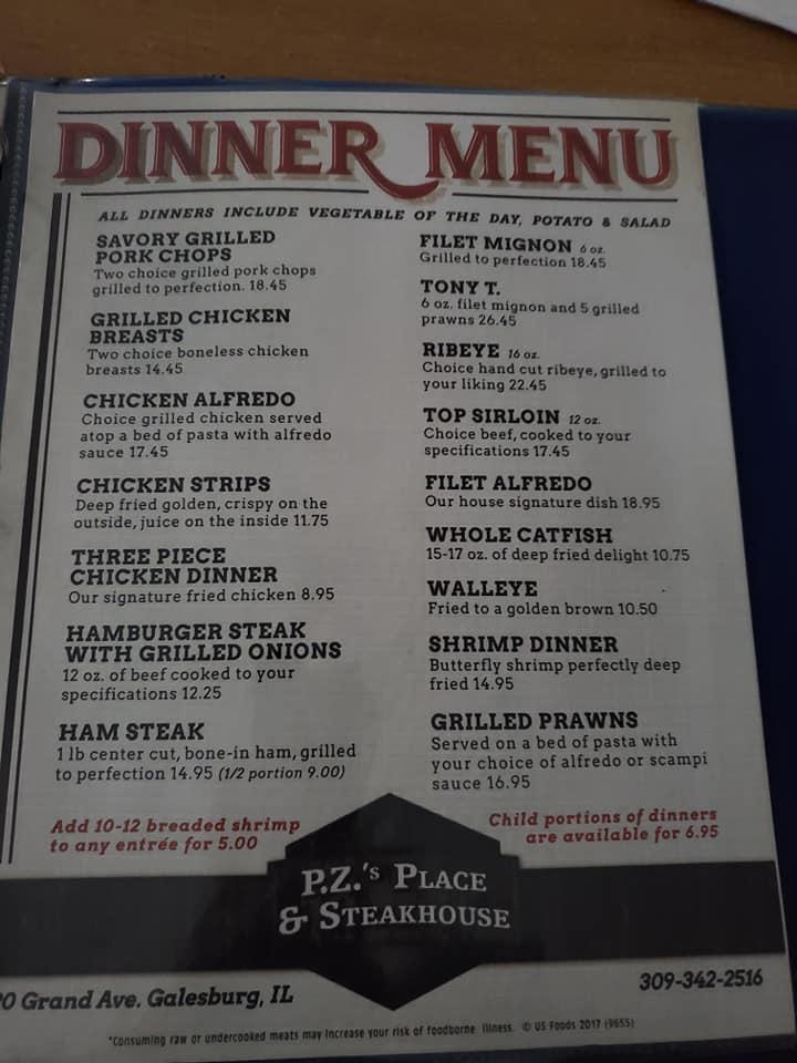 Menu at Pz's Place & Steakhouse, Galesburg
