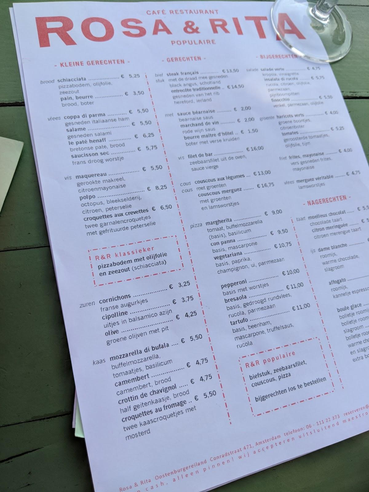 Menu at V R R, Amsterdam