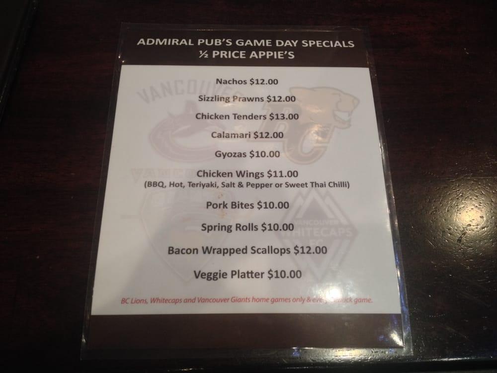 Menu at Admiral Pub, Burnaby
