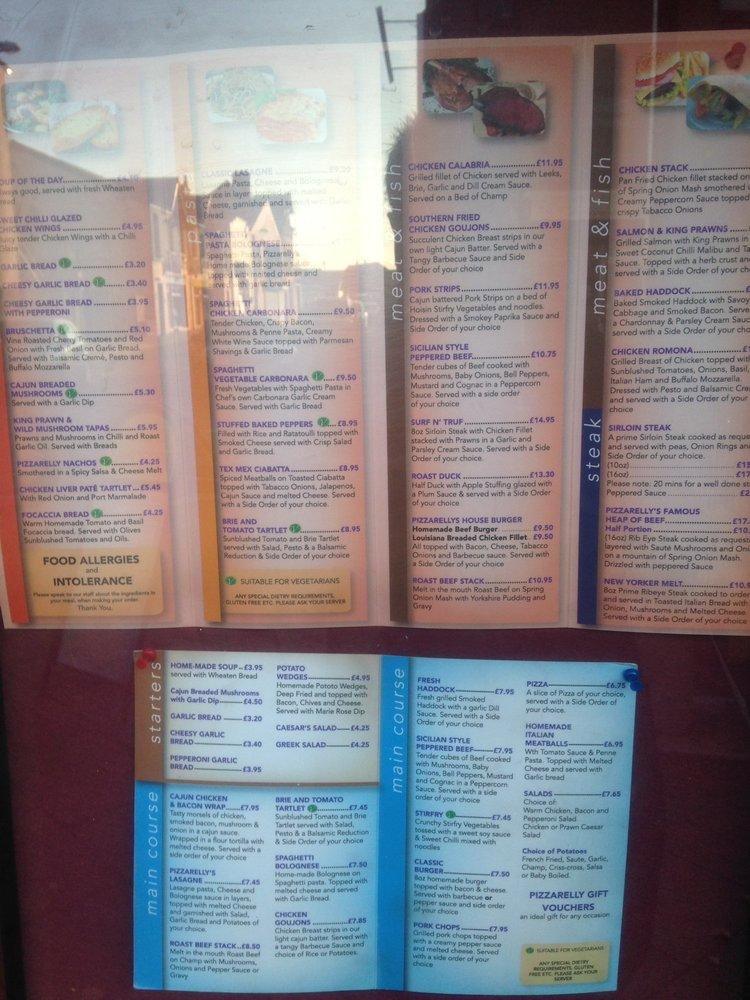 Menu at Pizzarellys restaurant, Lisburn