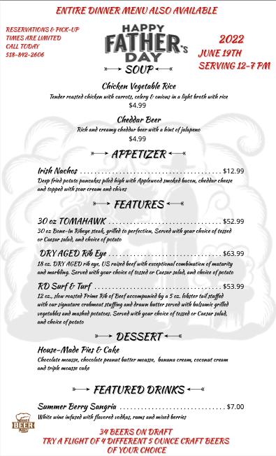 Menu at Raindancer Restaurant, Amsterdam, State Highway 30
