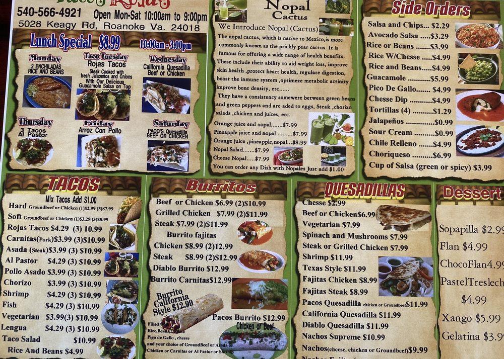 Menu at Taco rojas restaurant, Cave Spring