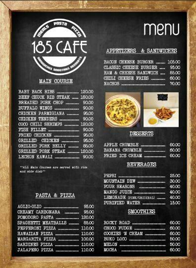 Menu at 185 Cafe, Davao City