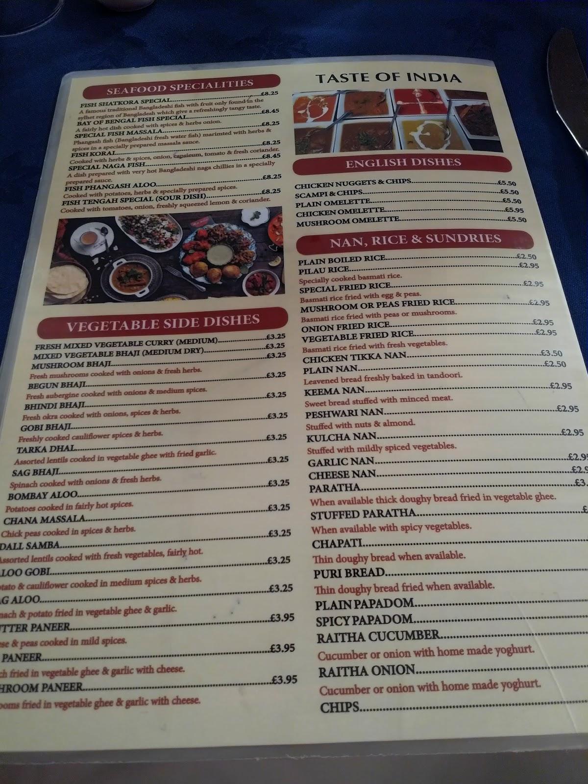 Carta del restaurante A Taste of India, Holyhead