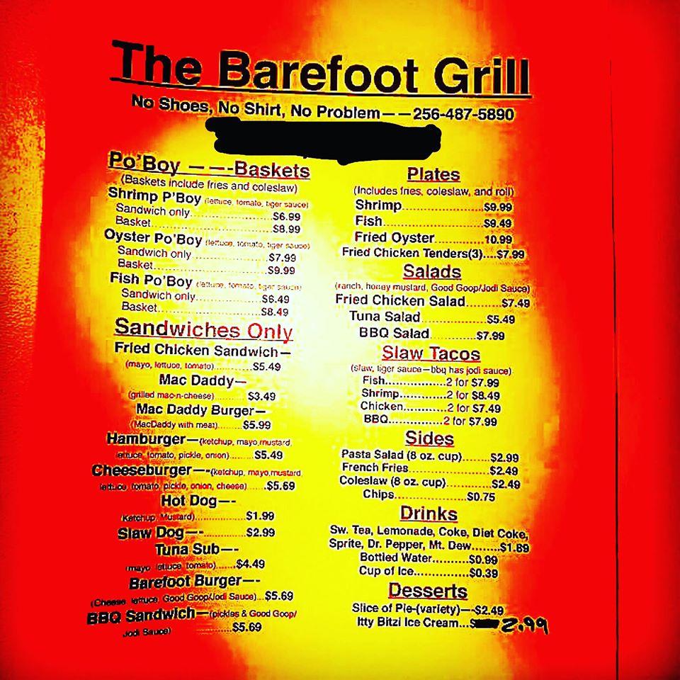 Menu at Barefoot Café, USA, Cedar Creek Rd