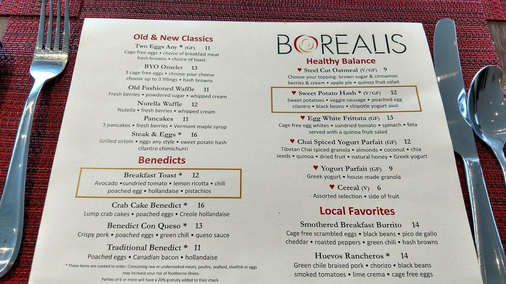 Menu at Borealis restaurant, Aurora