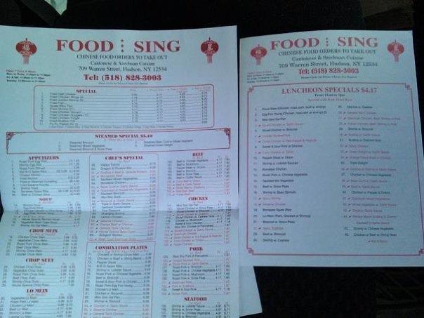 Menu at Food Sing restaurant, Hudson