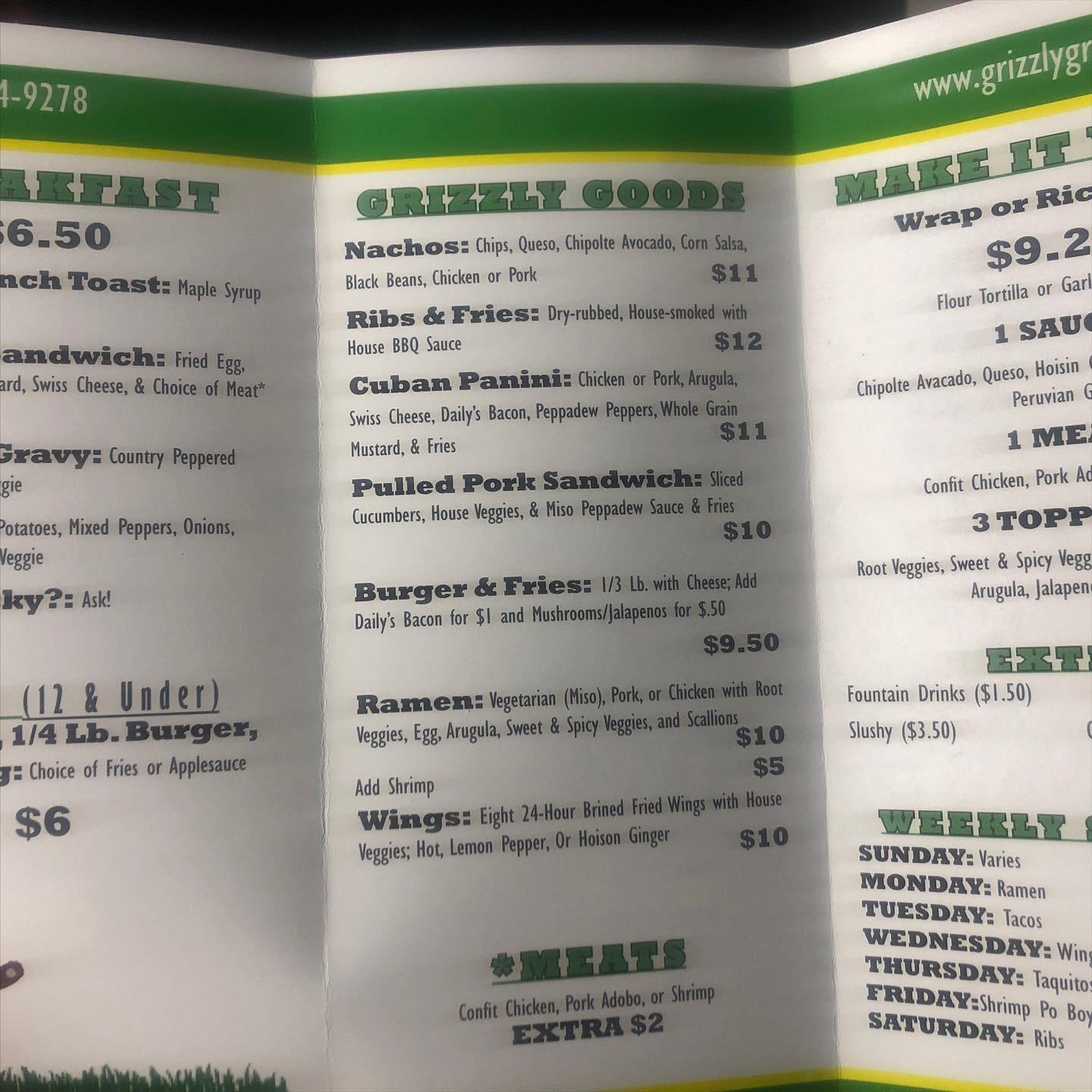Menu at Grizzly Grille BBQ, Gardiner, 375 US Highway 89 S