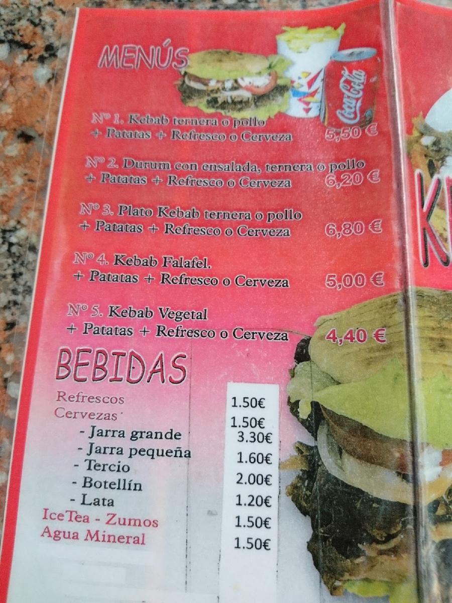 Menu at Kebab Kebabish restaurant, Madrid