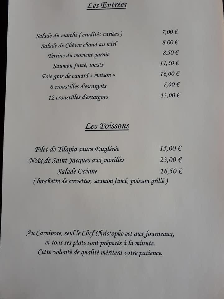 Menu at Le Carnivore restaurant, Cocheren