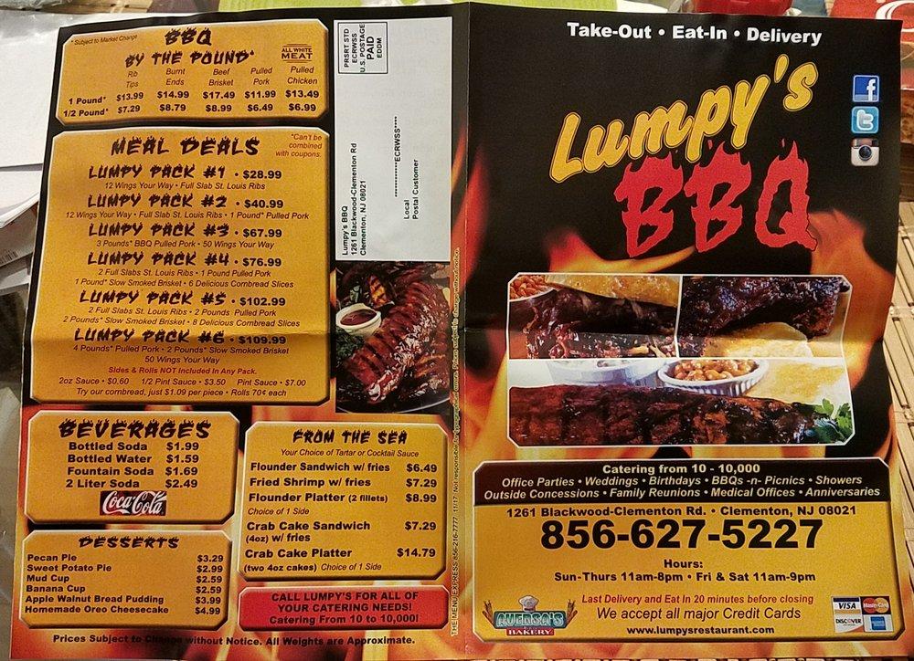Menu at Lumpy's BBQ, Clementon