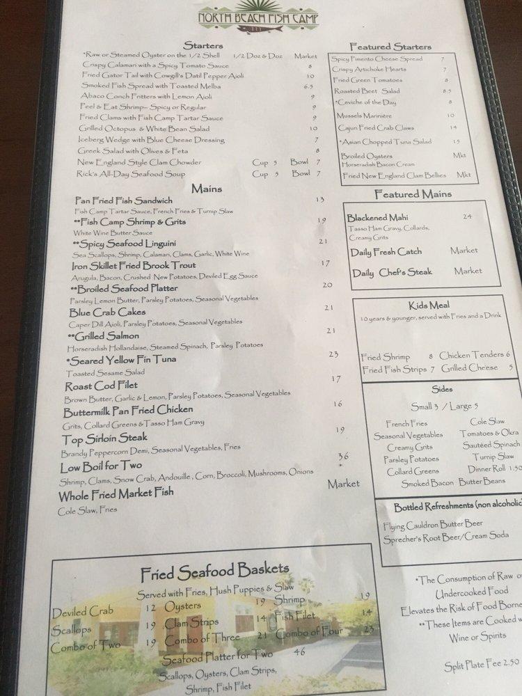 Menu at North Beach Fish Camp pub & bar, Neptune Beach