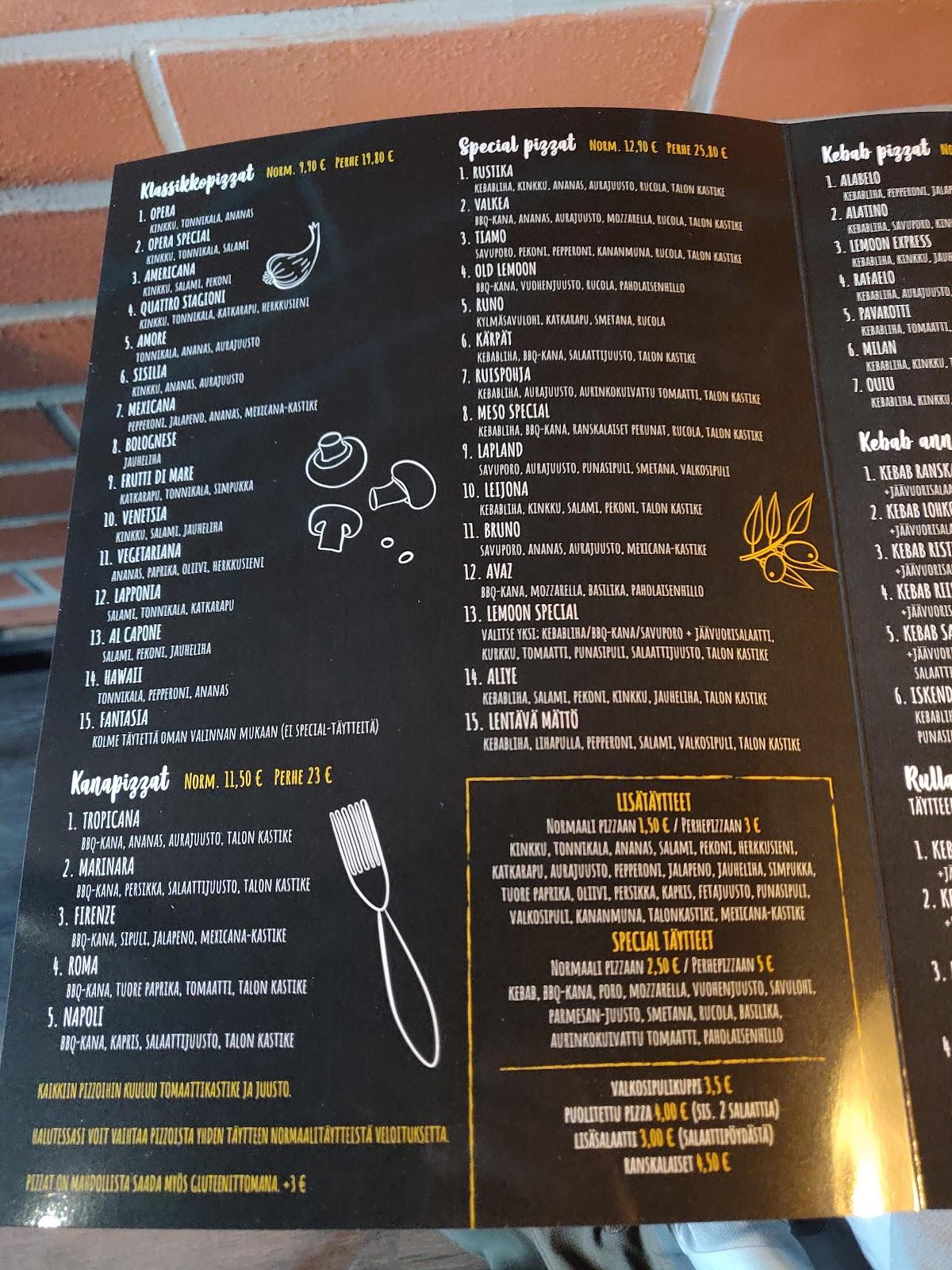 Menu at OLD LEMOON restaurant, Oulu