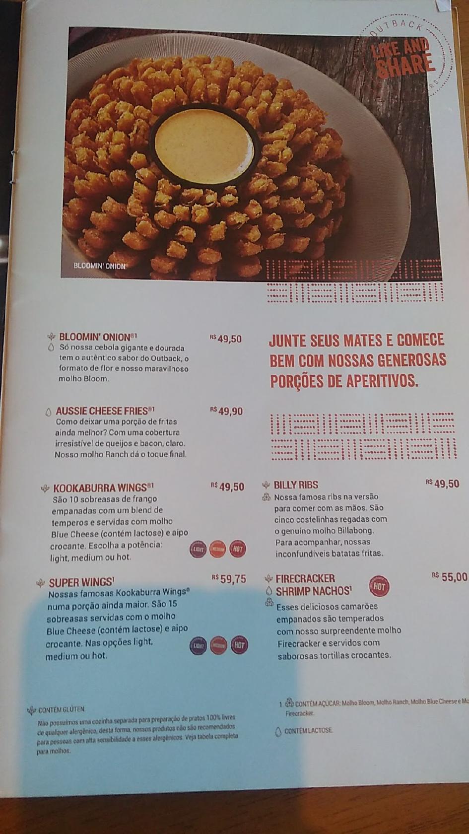 Carta de Outback Steakhouse, Maceió