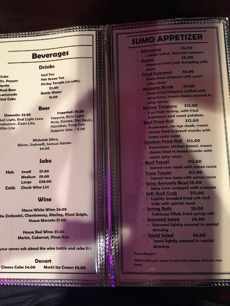 Menu at Sumo Japanese Restaurant, Longview