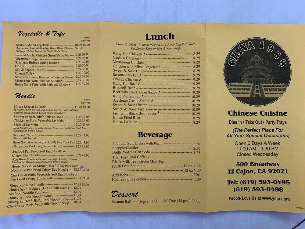 Menu at China 1968 restaurant, El Cajon, 500 Broadway