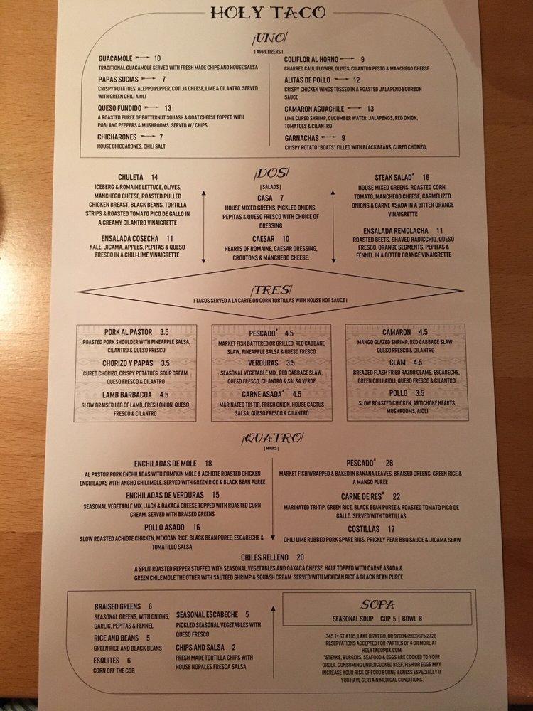 Menu at Holy Taco pub & bar, Lake Oswego