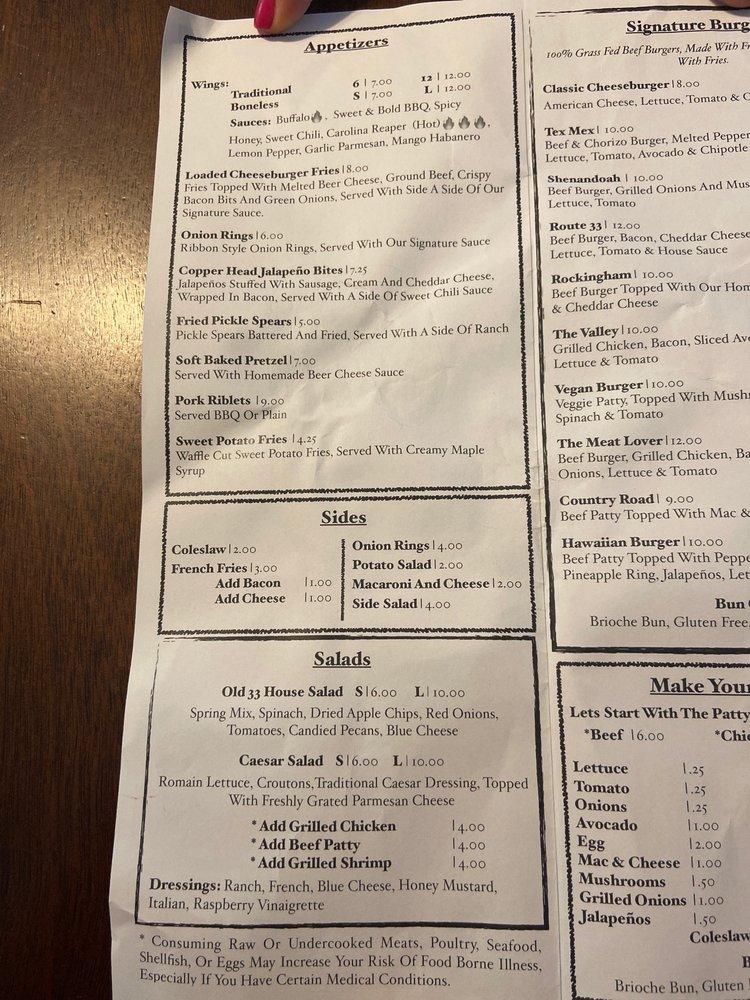 Menu at Old 33 Beer & Burger Grill, Inc. pub & bar, Elkton