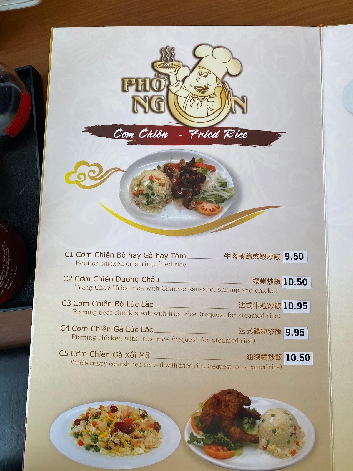 Menu at Pho Ngon restaurant, Houston, Bellaire Blvd