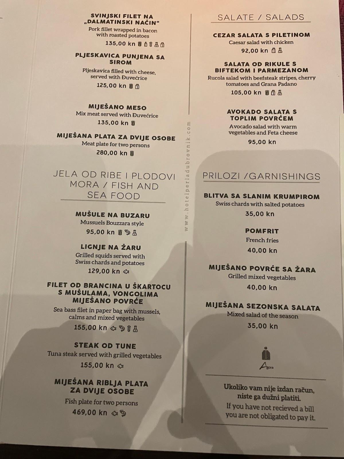 Menu at Restaurant Agora, Dubrovnik