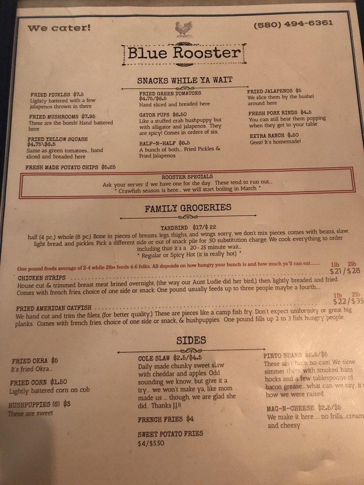 Menu at The Blue Rooster Restaurant, Broken Bow, N US Hwy 259