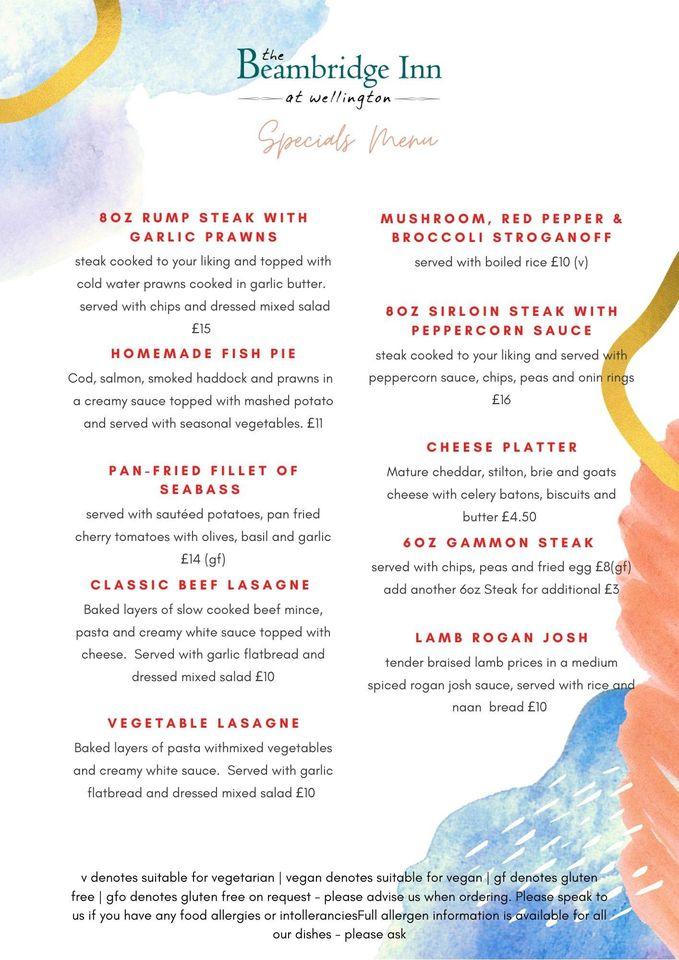 Menu at Beambridge Inn pub & bar, Rockwell Green