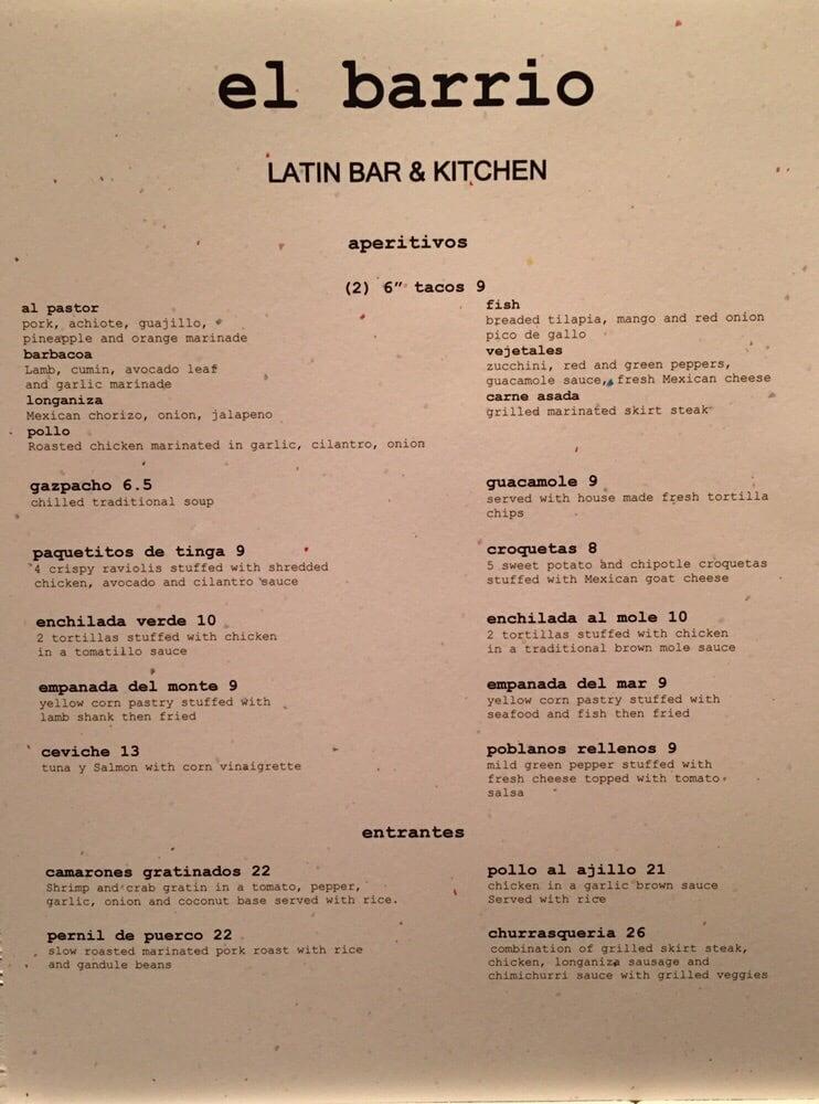 Menu at el barrio, Milford