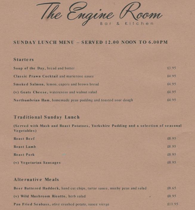 Menu at The Engine Room pub & bar, Gateshead