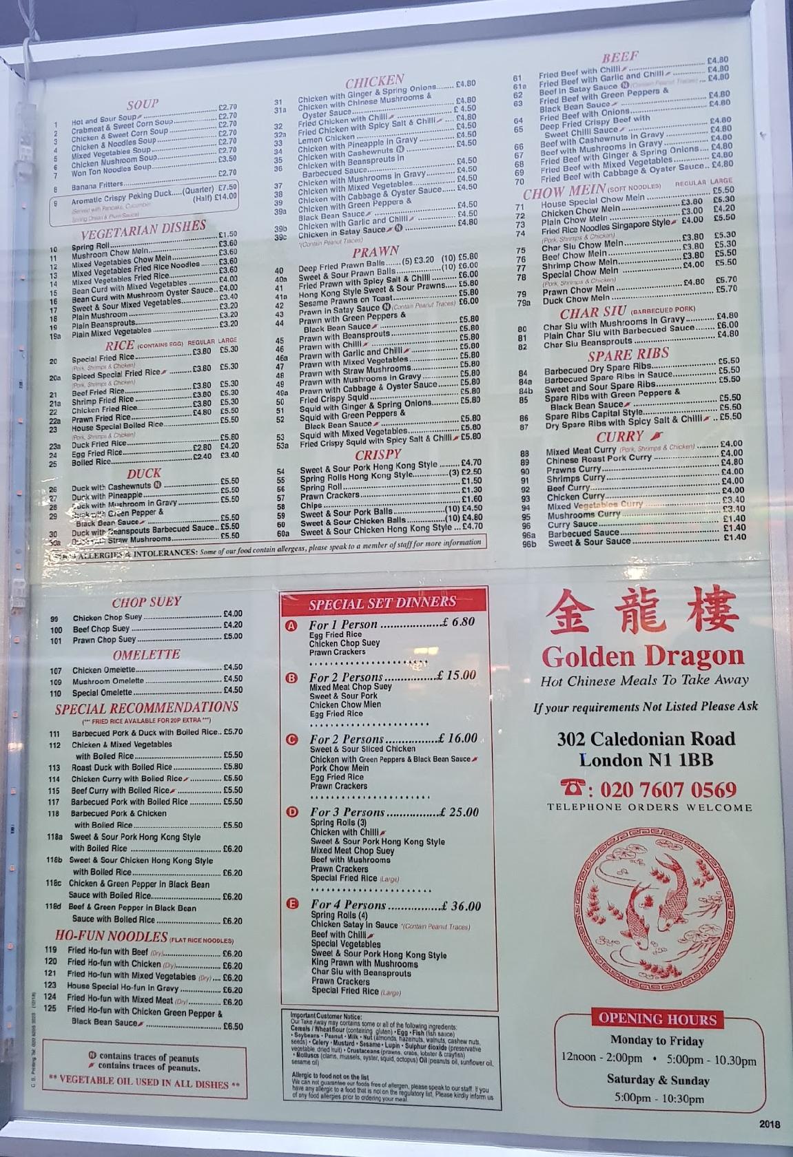 Menu at Golden Dragon restaurant, London, 302 Caledonian Rd