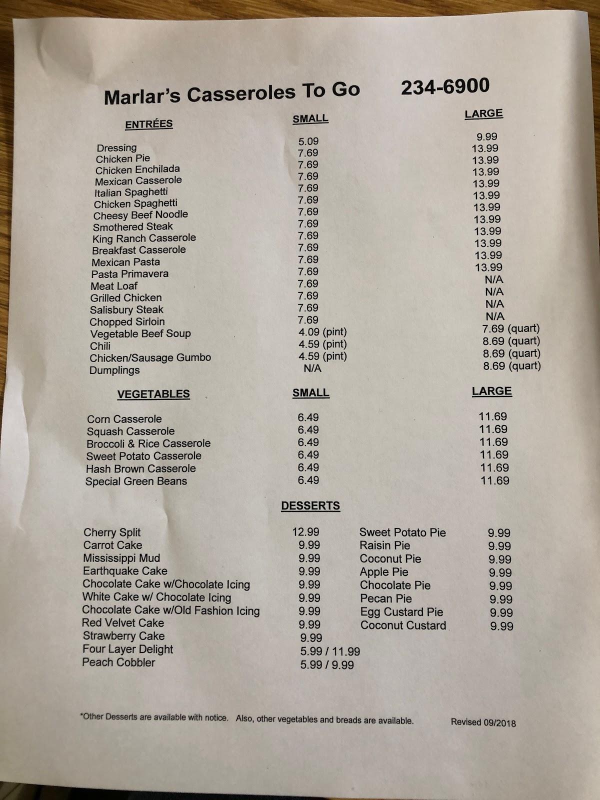Menu at Marlar's Cafeteria, Magnolia