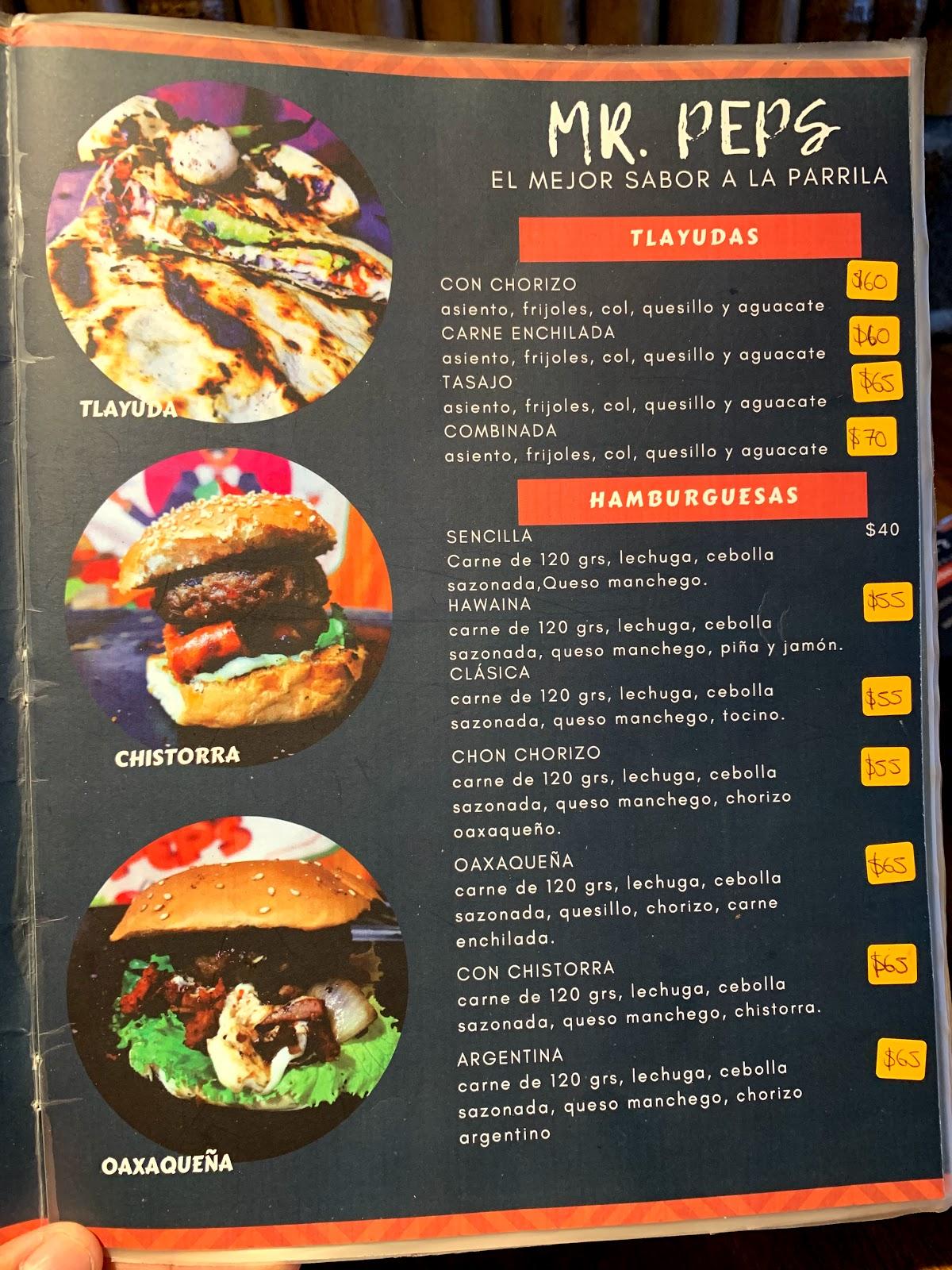Menu at Mr. Peps restaurant, Huautla de Jiménez