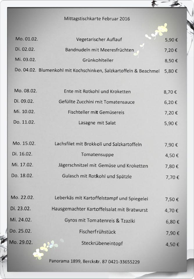 Speisekarte von Panorama 1899 restaurant, Bremen