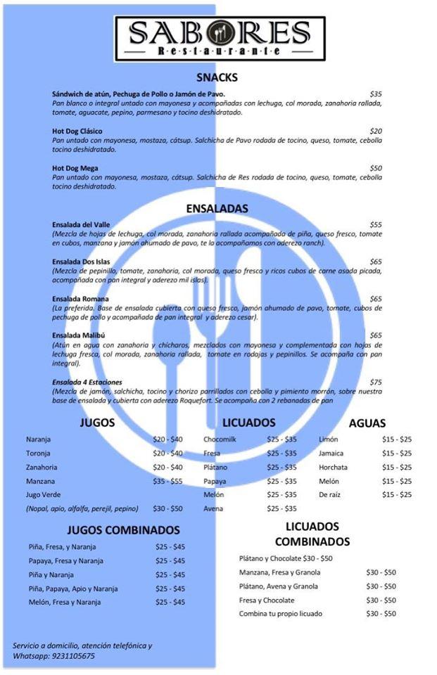 Menu at Sabores restaurant, Agua Dulce
