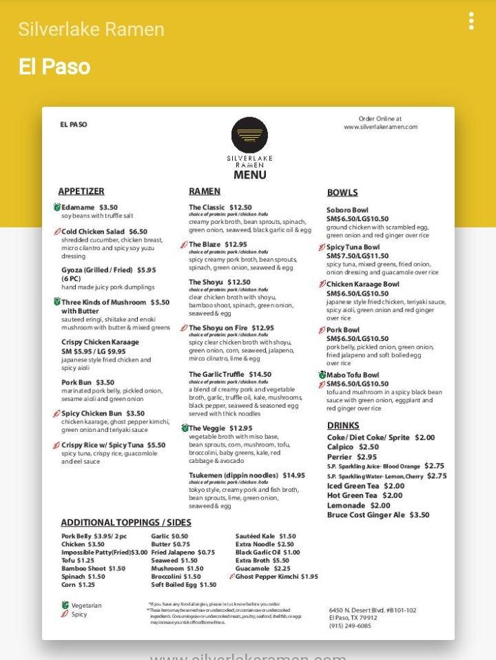 Menu at Silverlake Ramen restaurant, El Paso, Desert Blvd N B101