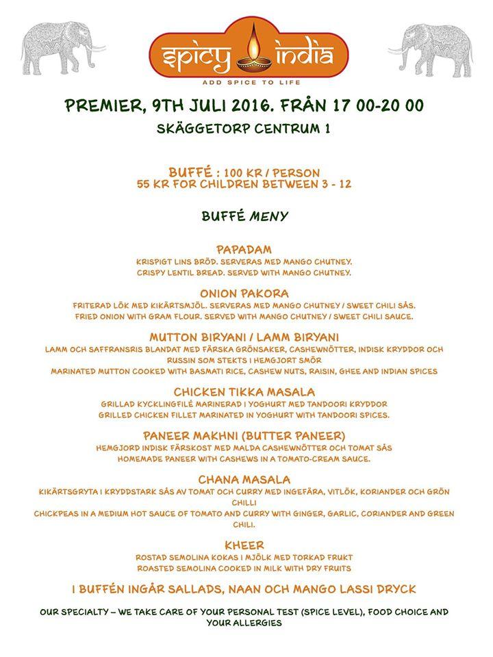 Menu at Spicy India restaurant, Linköping