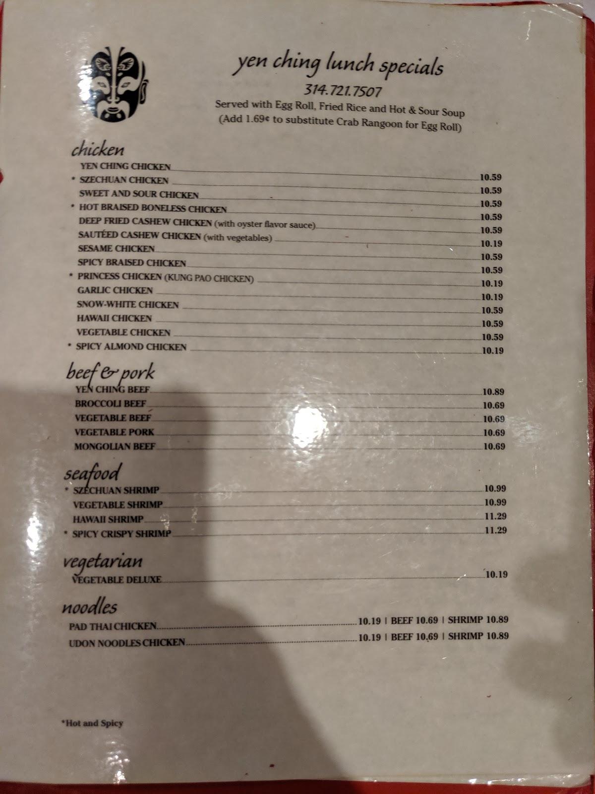 Menu at Yen Ching restaurant, Richmond Heights