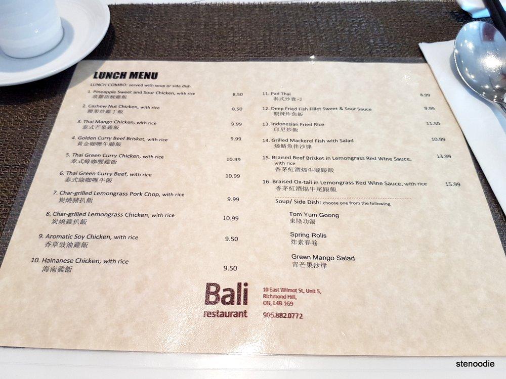 Menu at Bali Restaurant, Richmond Hill