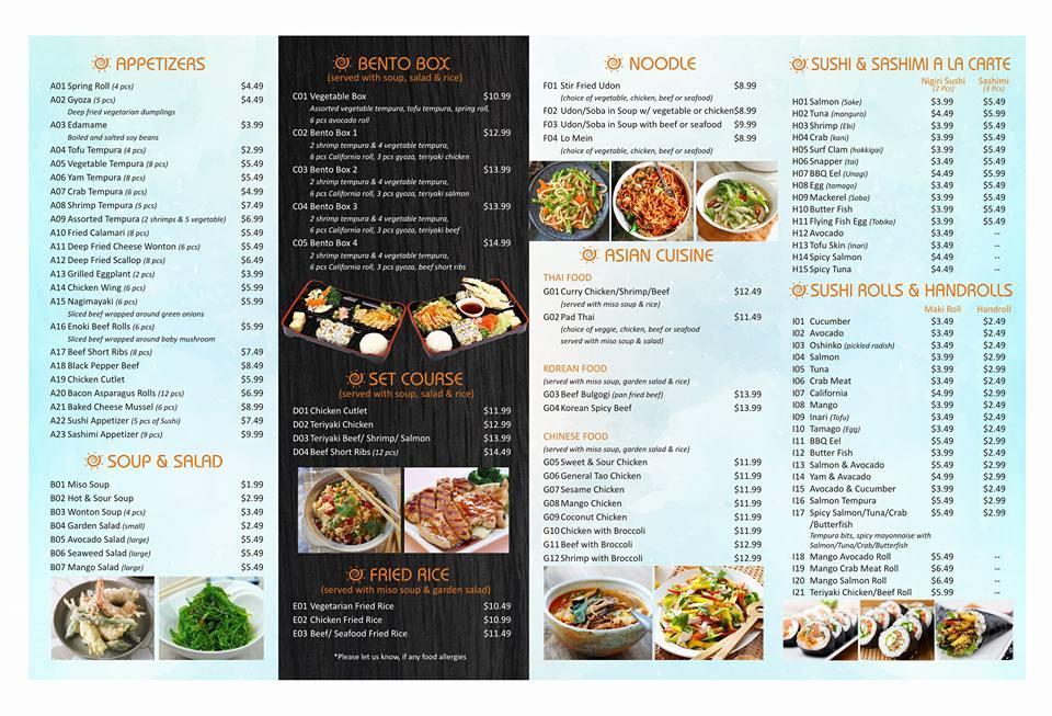 Menu at Hinata Sushi & Asian Cuisine restaurant, Whitby