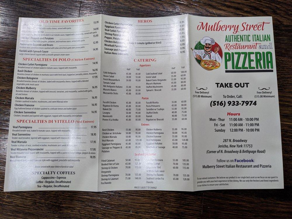 Menu at Mulberry St. Pizza pizzeria, Jericho