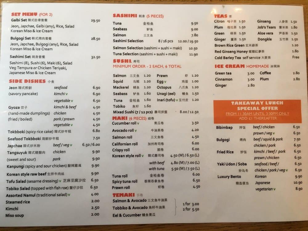 Menu at Seoul Kimchi restaurant, Manchester