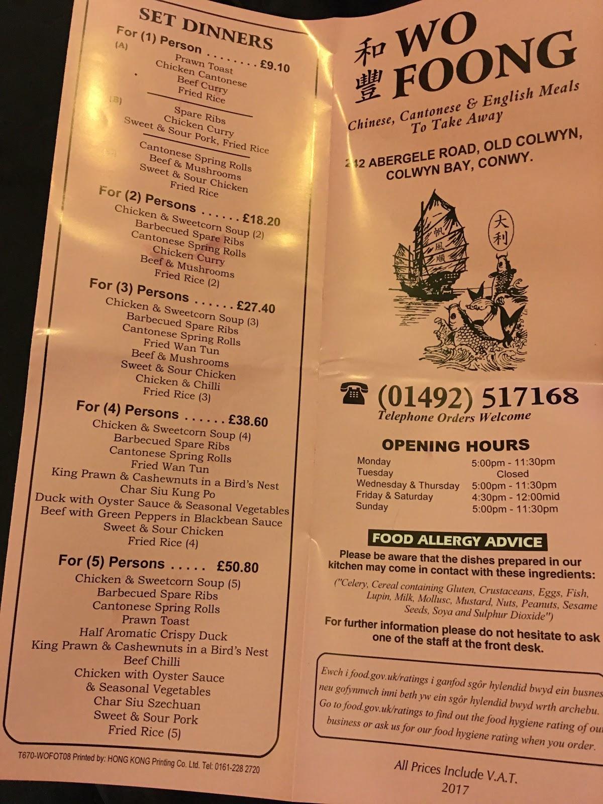 Menu at Wo Foong fast food, Colwyn Bay, 242 Abergele Rd