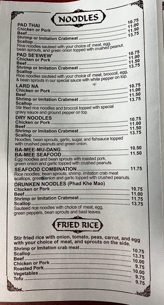 Menu at Bangkok Cafe, Ferndale