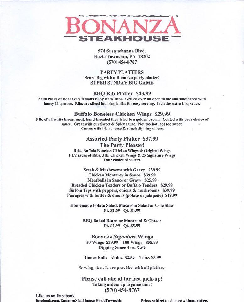 Menu at Bonanza steakhouse, Hazleton