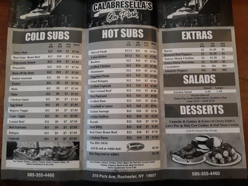Menu at Calabresella's on Park restaurant, Rochester
