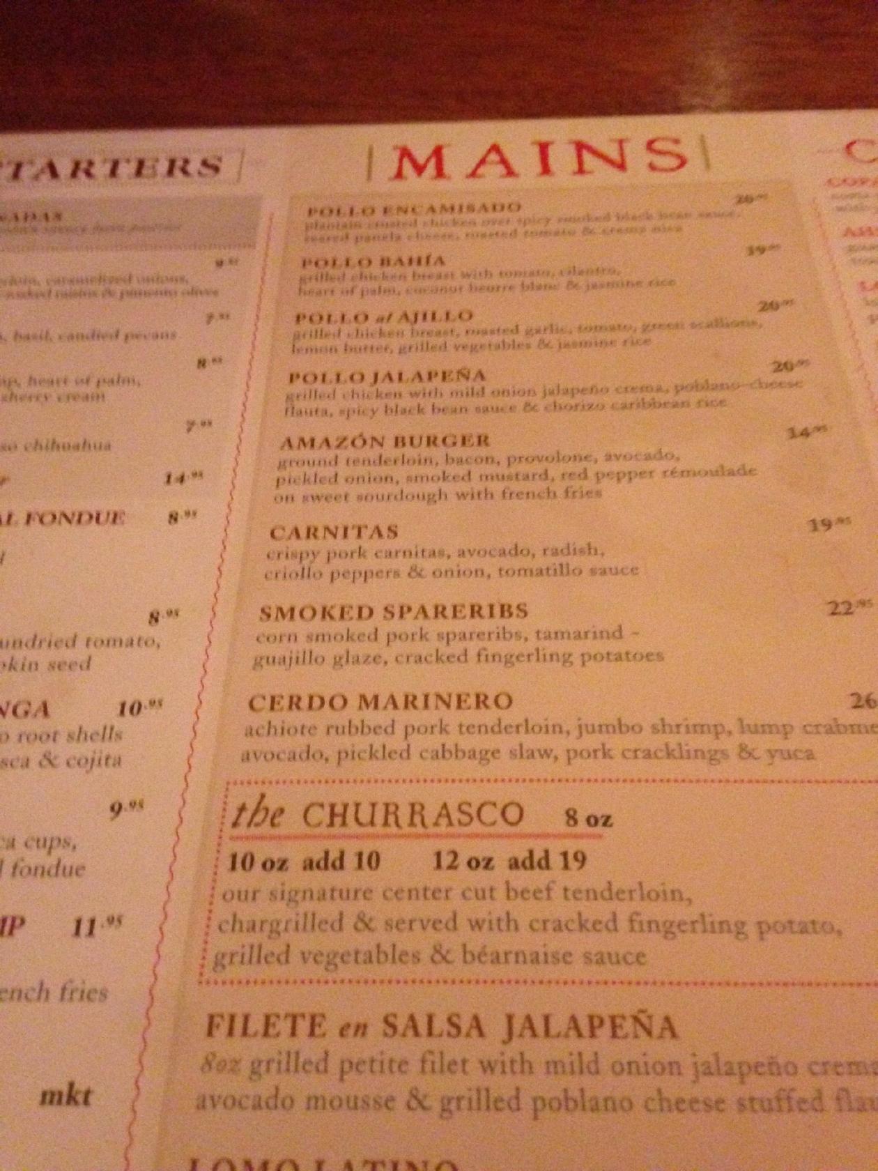 Menu at Churrascos restaurant, Houston, 2055 Westheimer Rd
