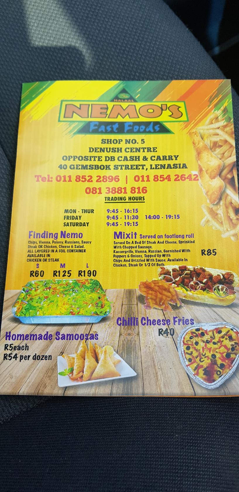 Menu at Nemo 's Fast Foods, Lenasia