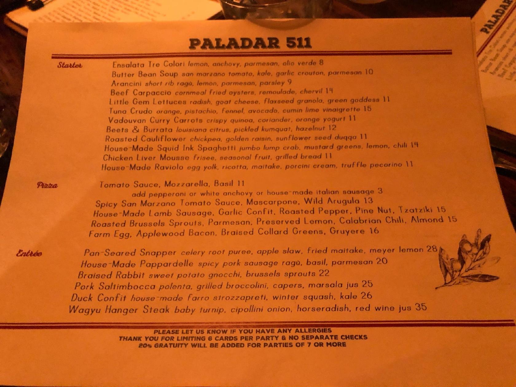 Menu at Paladar 511 pizzeria, New Orleans