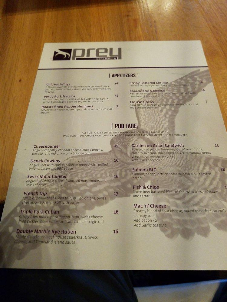 Menu at Prey Pub & Eatery, McKinley Park