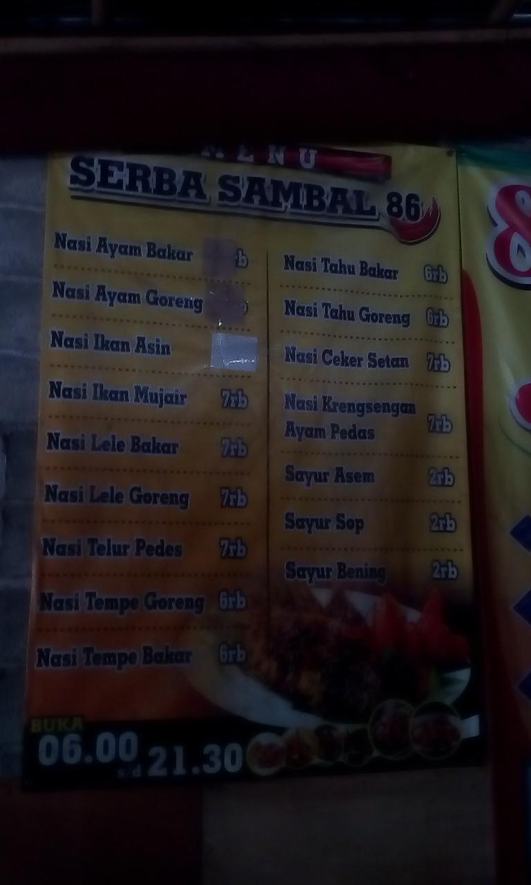 Menu at Serba Sambal 86 restaurant, Bringin